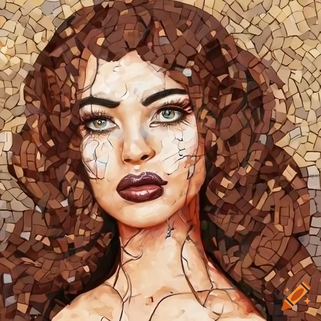 Mosaic art of a hyper realistic woman with brown wavy hair in art ...