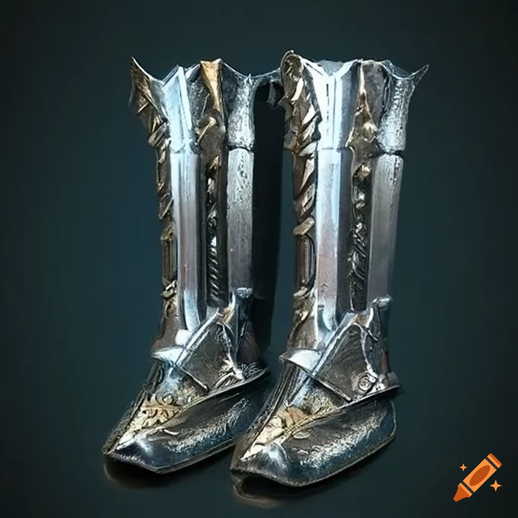 Medieval pair of adorned mithril plated knight boots for rpg game on ...