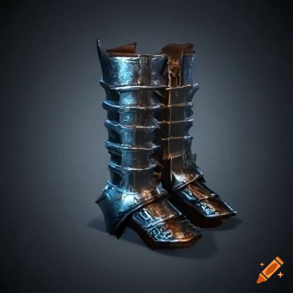 Medieval pair of adorned mithril-plated knight boots with a magic aura ...