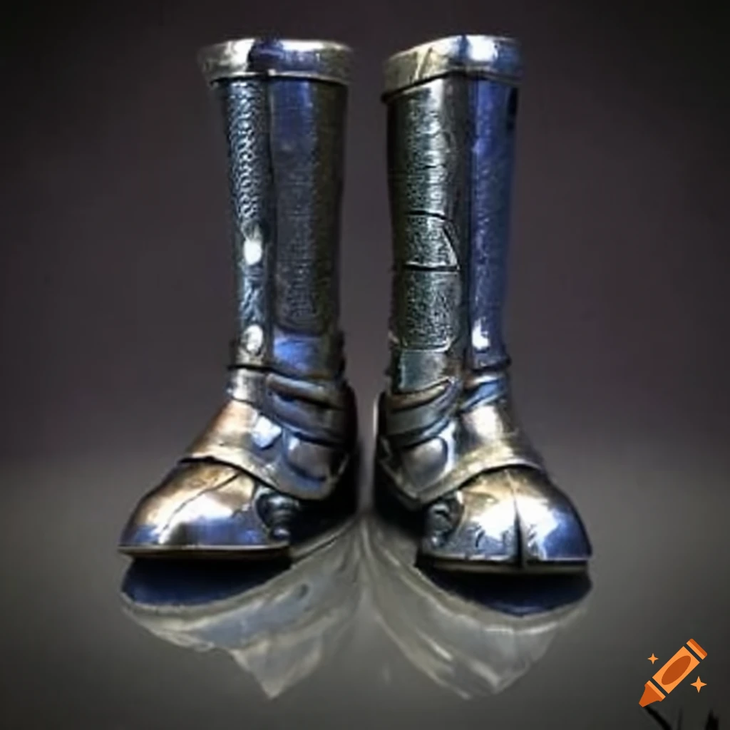 Mithril-plated medieval knight boots with a mystical aura on Craiyon