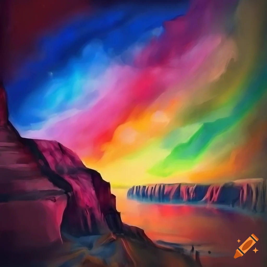 Rainbow-colored cliff and sky in a sci-fi realism rough sketch on Craiyon