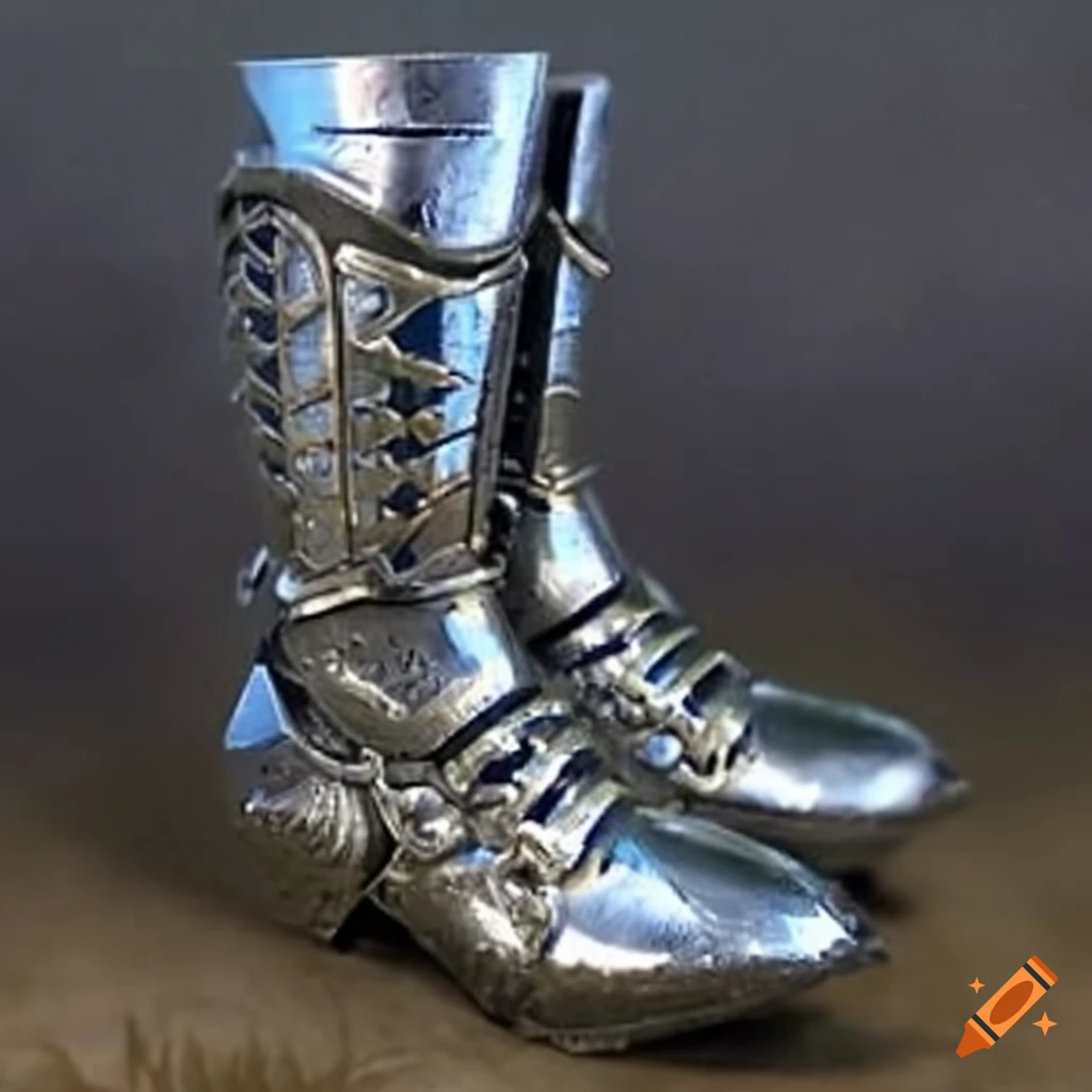 Mithril-plated medieval knight boots with a mystical aura on Craiyon