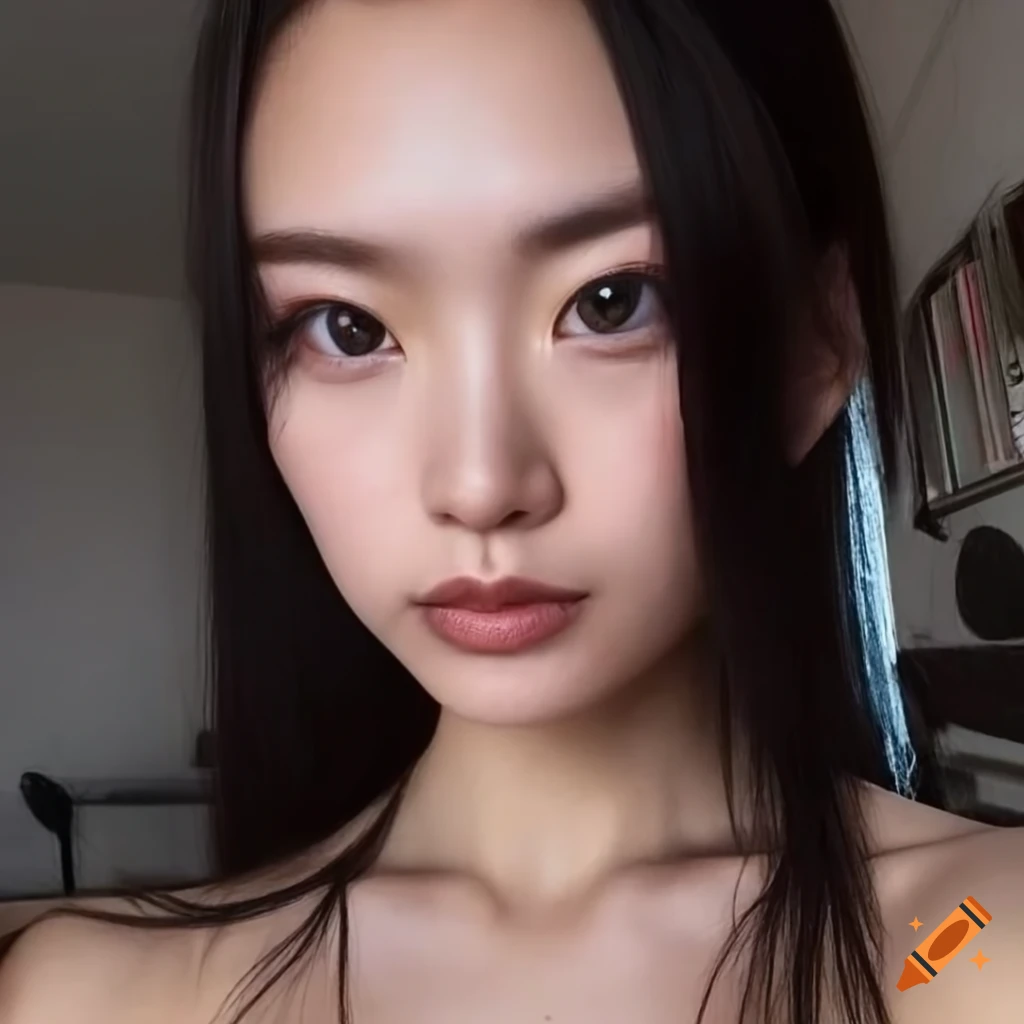 Portrait of a young Japanese woman with heart-shaped face and almond ...