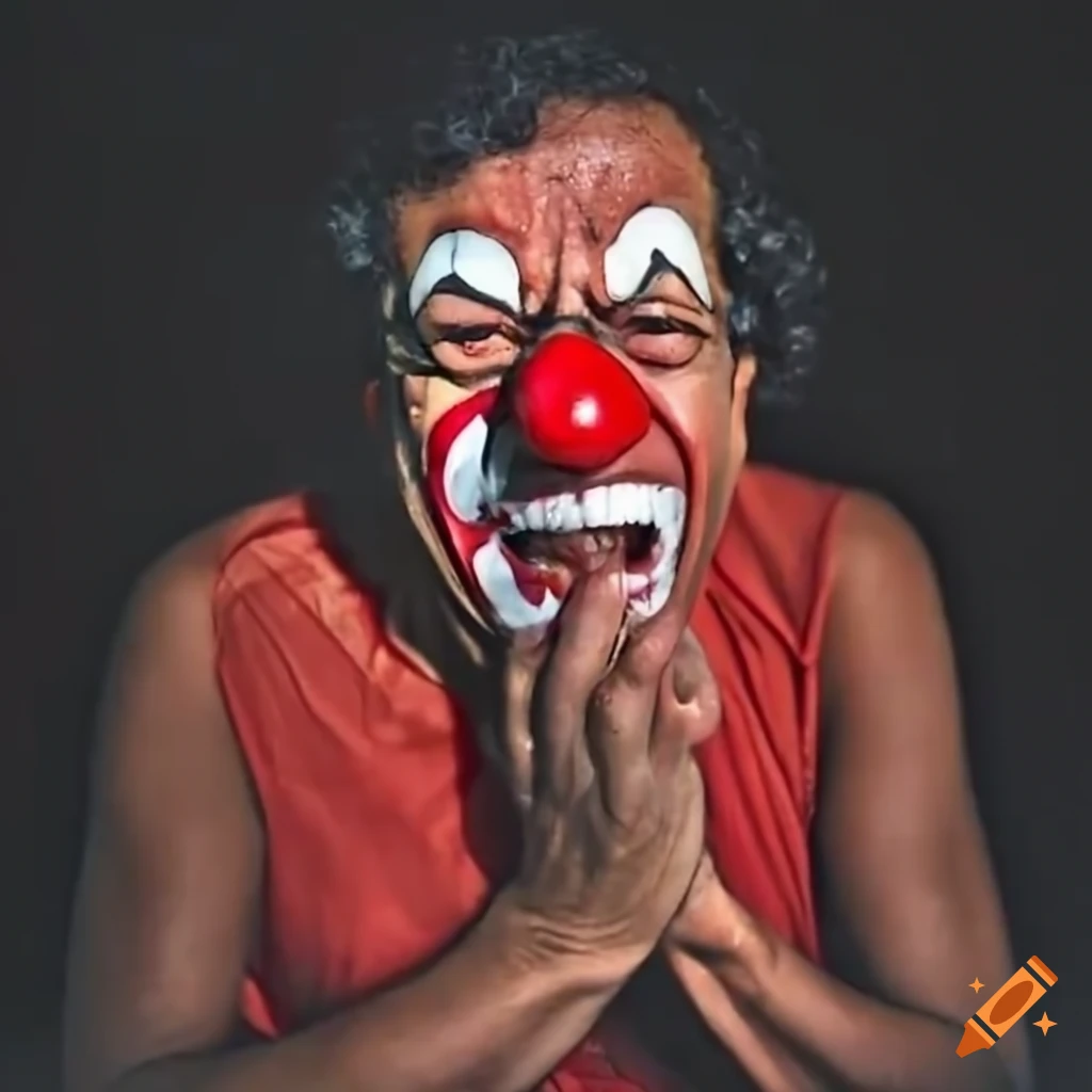 Crying Gustavo Petro dressed as a clown in a dramatic setting on Craiyon