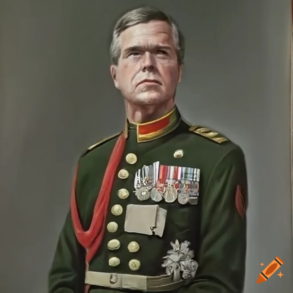 Hyperrealistic painting of a military-clad figure with a commanding ...