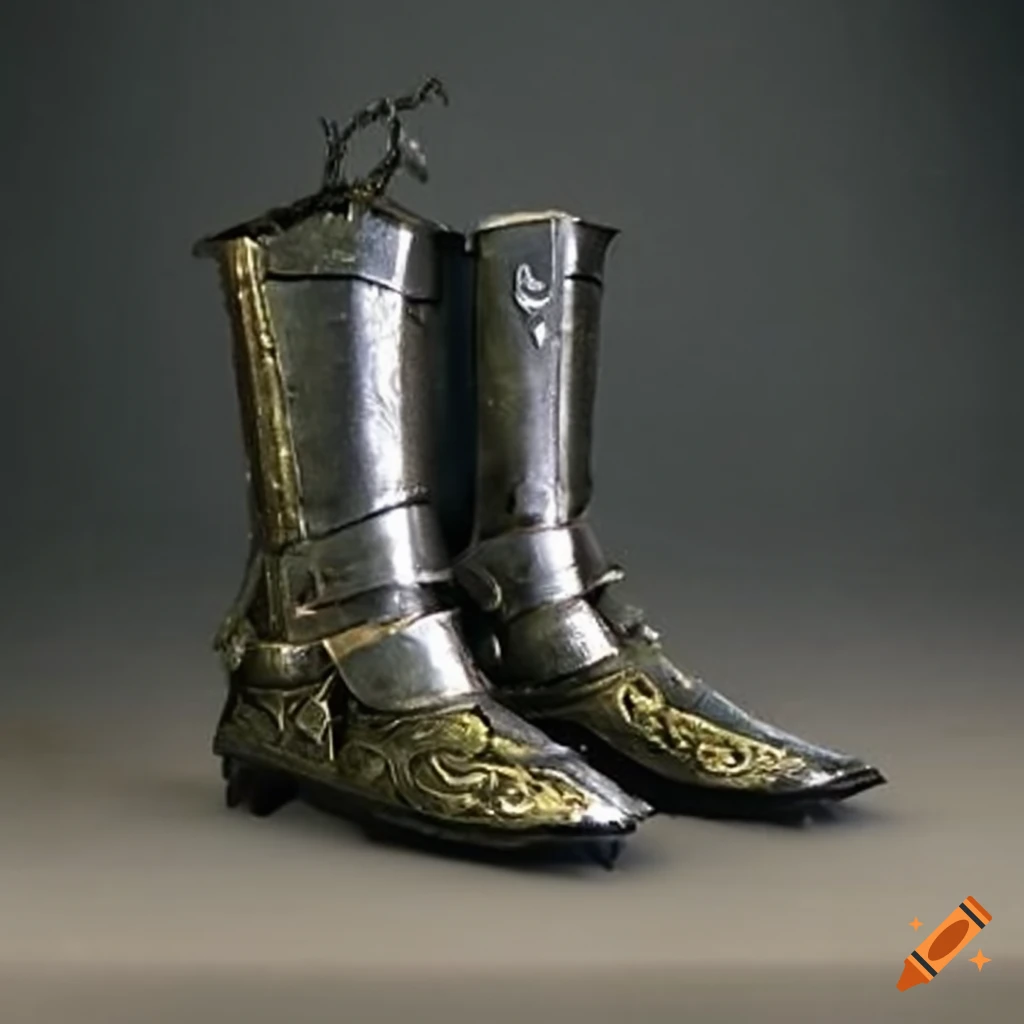 Pair of Mithril-plated medieval knight boots with mystical aura on Craiyon