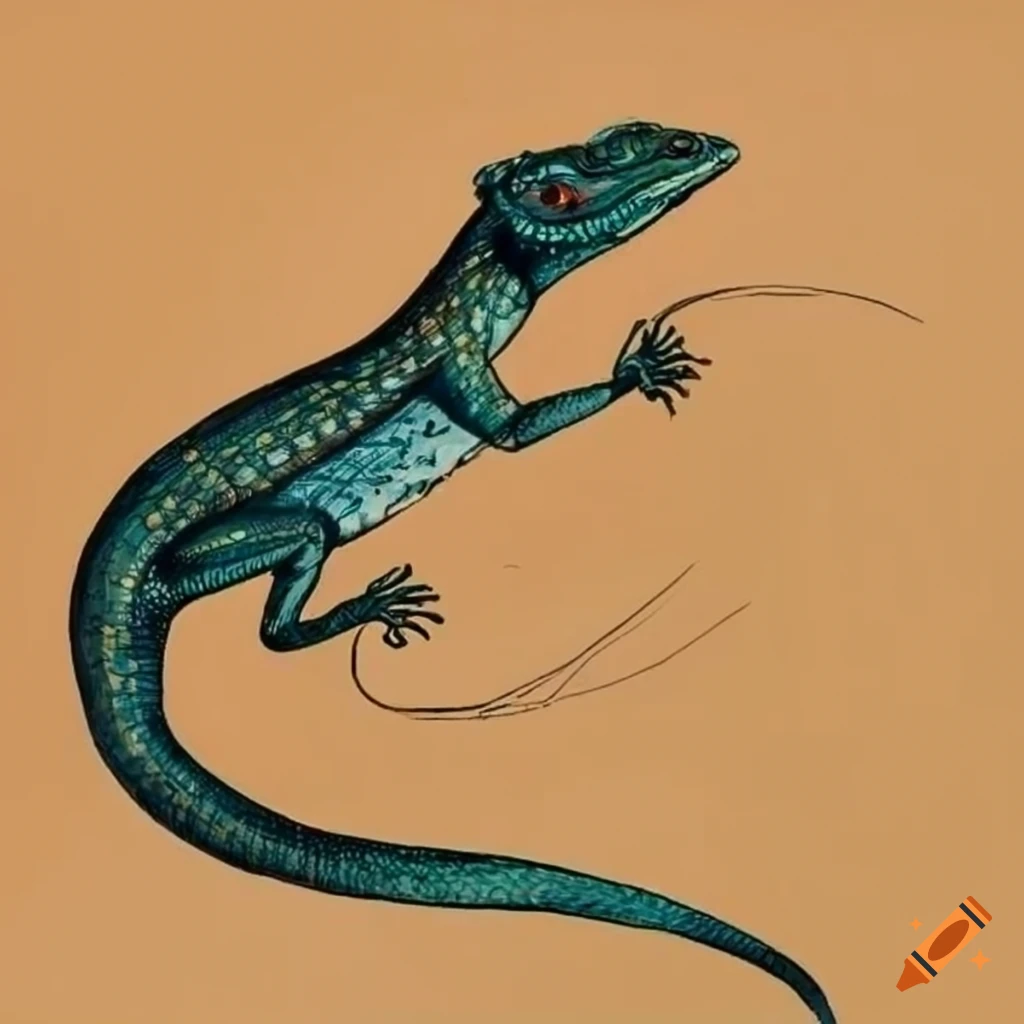 Lizards drinking at a desert oasis in an ink drawing on Craiyon