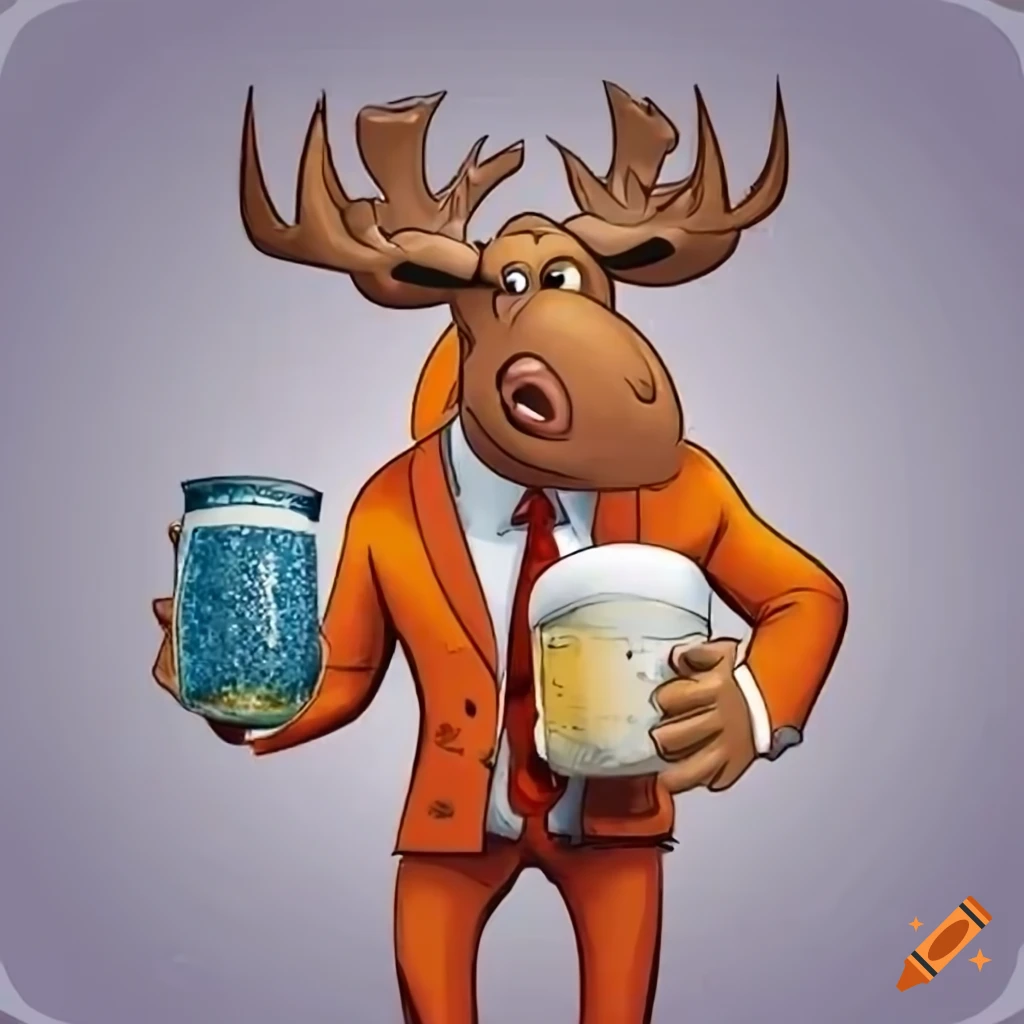 Cartoon moose in orange suit holding a mug of beer on Craiyon