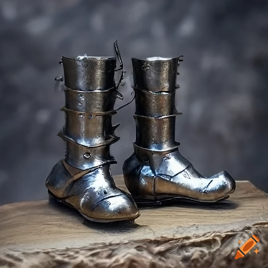 Mithril-plated medieval knight boots for RPG adventures on Craiyon