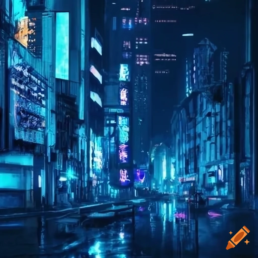 Blue cyberpunk city street with cyan neon lights on Craiyon