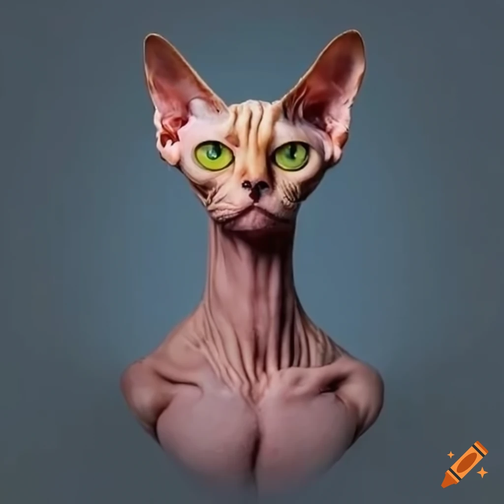 Muscular sphynx cat with olives as eyes on Craiyon