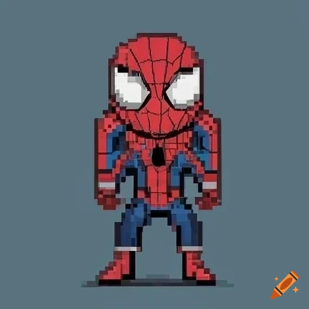 Spider-Man in pixel art staring forward with an enemy gaze on Craiyon