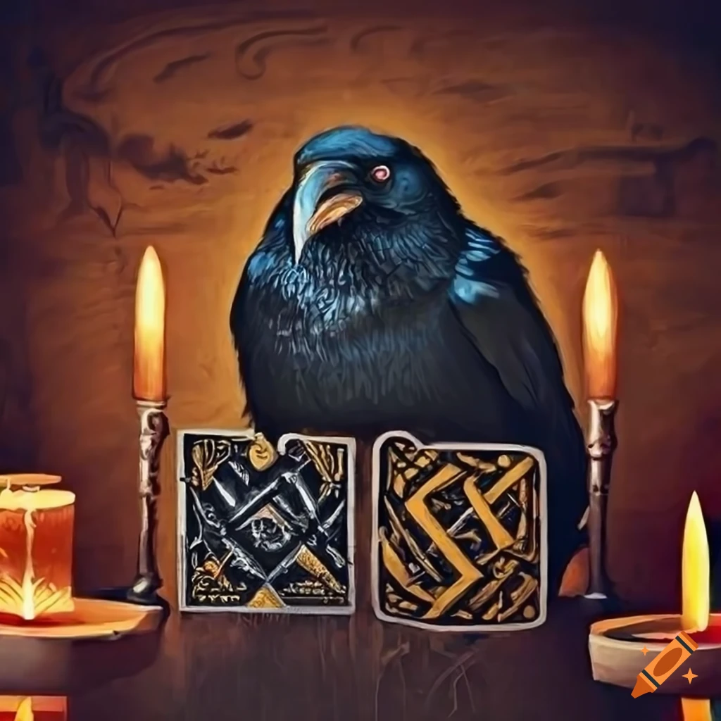 Mysterious raven with tarot cards and viking runes on a wooden altar on ...