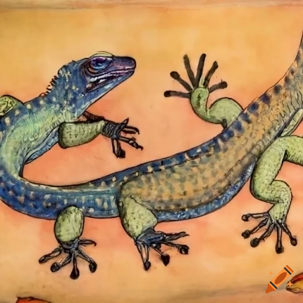 Lizards drinking at a desert oasis in an ink drawing on Craiyon