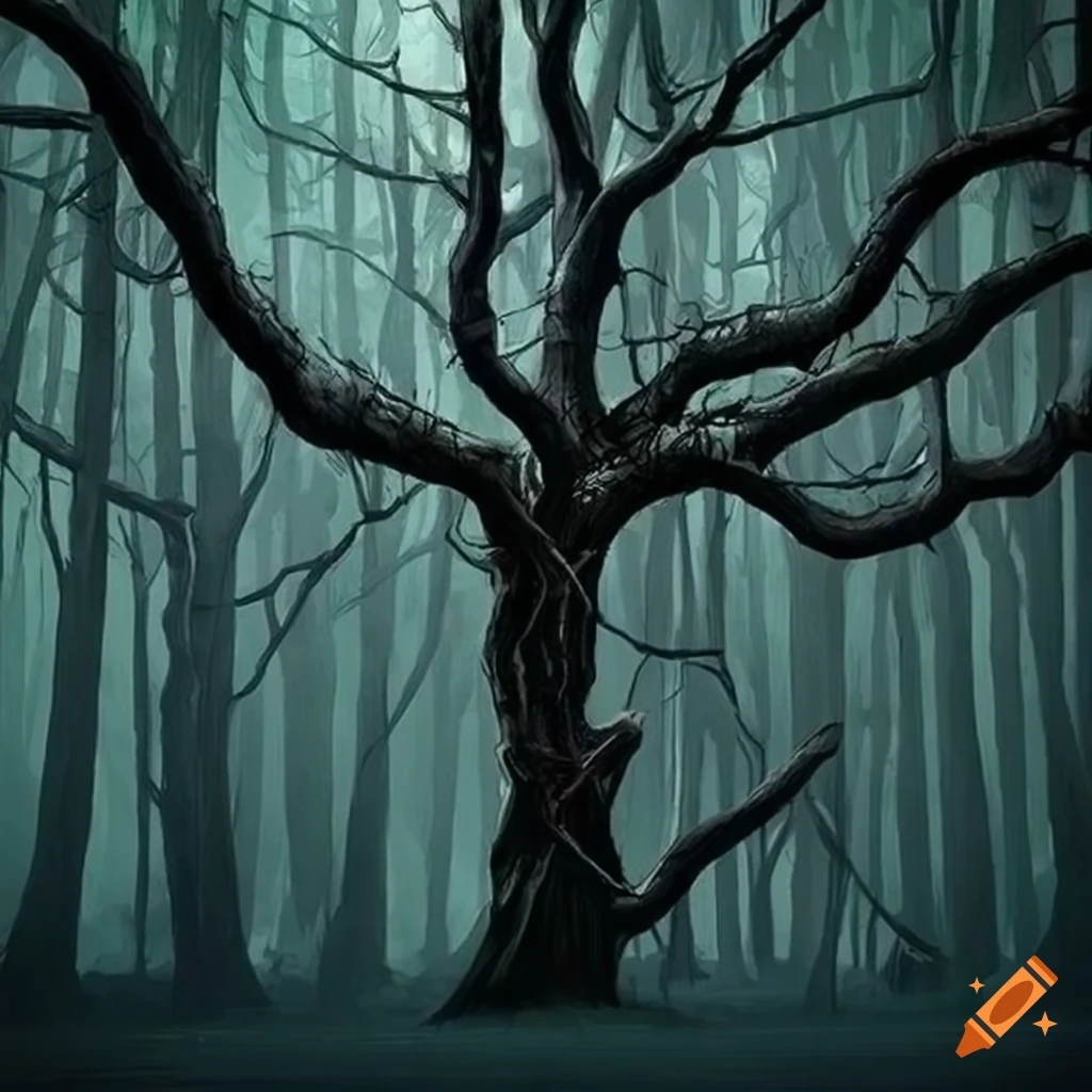 Intricately detailed intertwined branches in a dark woodland setting on ...