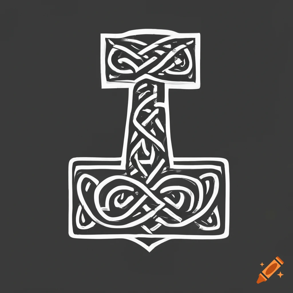 Intricate white line art of mjolnir on black background on Craiyon
