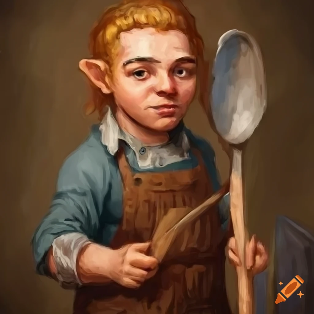 Young male halfling dwarf baker in a medieval kitchen with a wooden ...