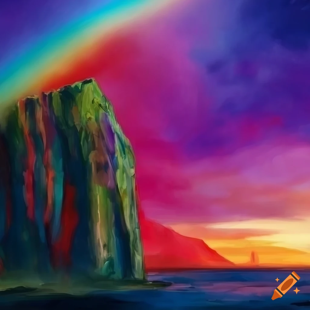 Rainbow-colored cliff and sky in a sci-fi realism rough sketch on Craiyon
