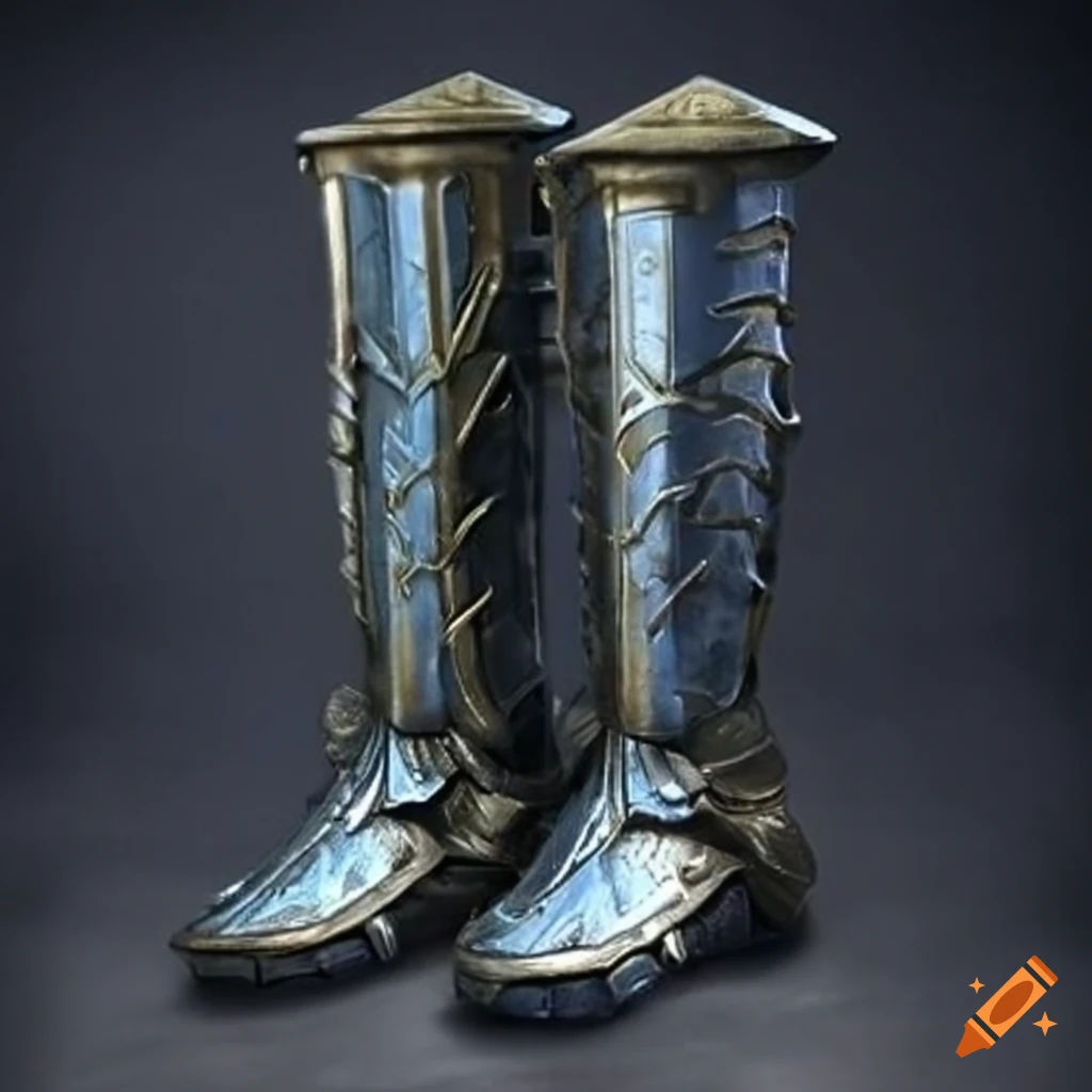 Medieval pair of adorned mithril plated knight boots with magical aura ...