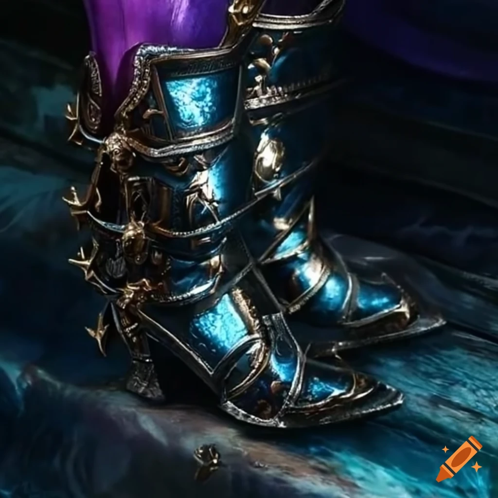 Detailed design of mithril-plated knight boots with mystical aura on ...