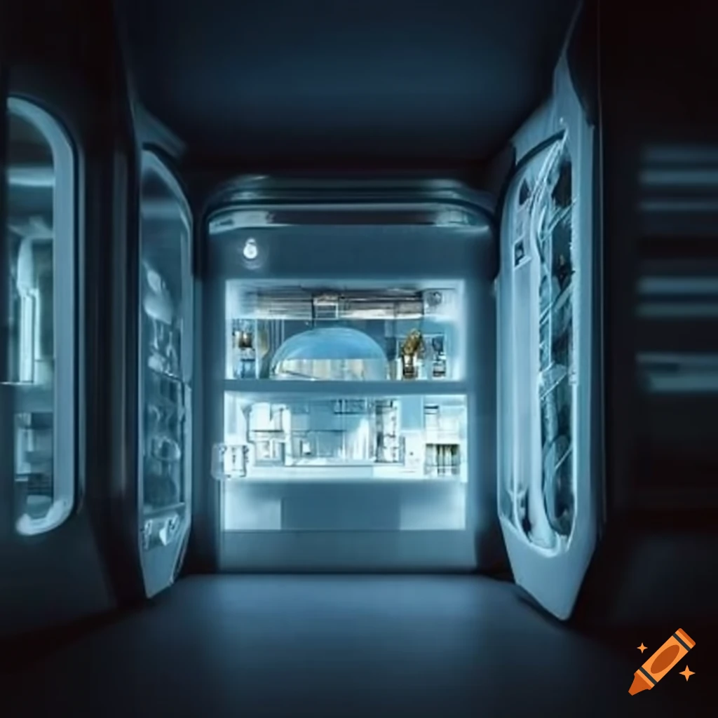 Retro-futuristic space colony pod general store interior with japanese ...