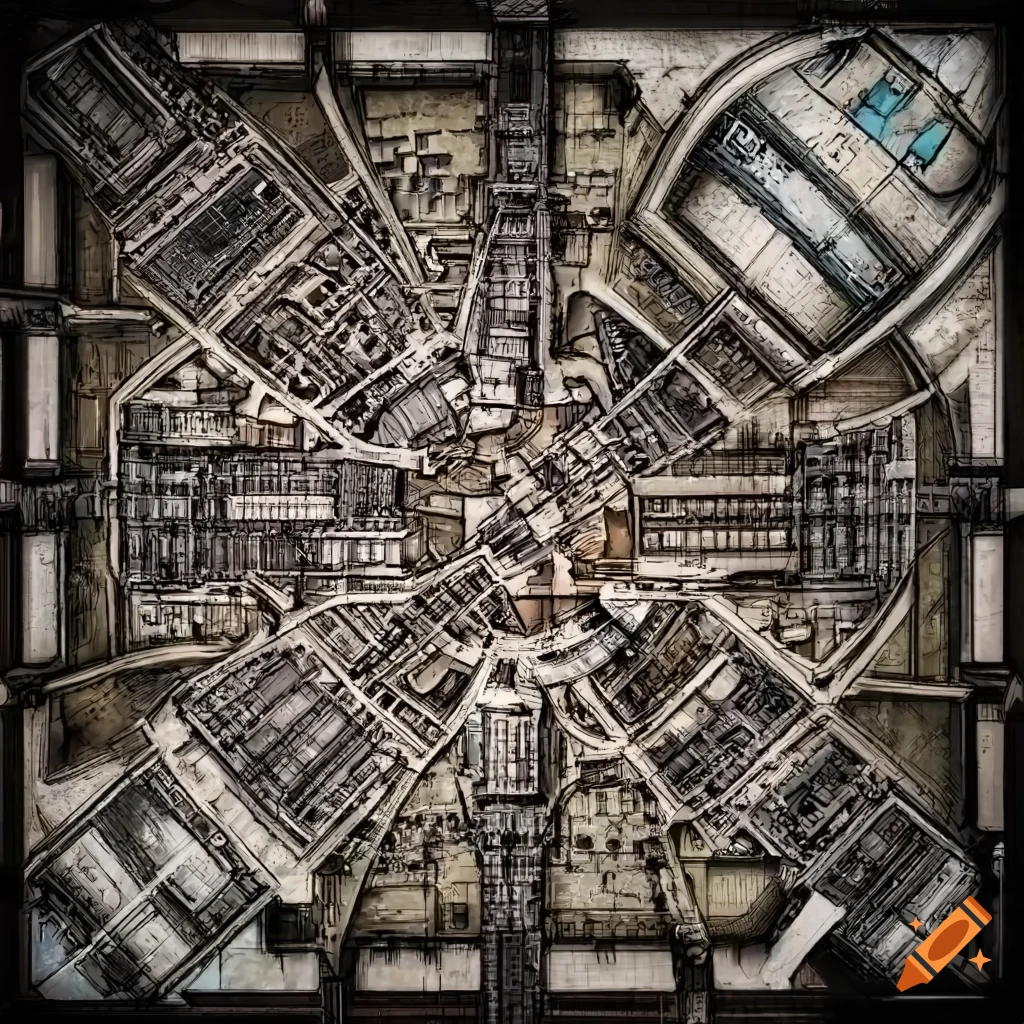 Detailed futuristic gothic-style city map with districts, big buildings, and bridges on Craiyon