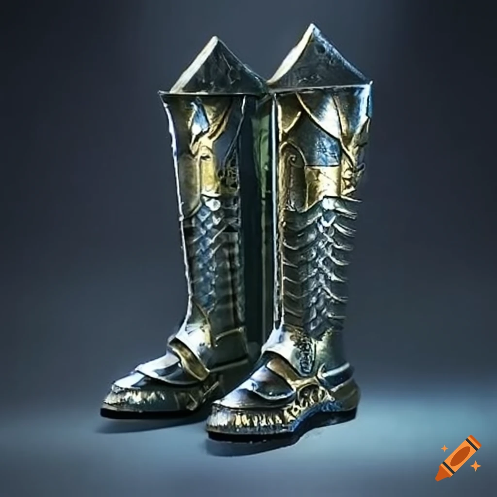 Medieval pair of adorned mithril plated knight boots for leg armor slot ...