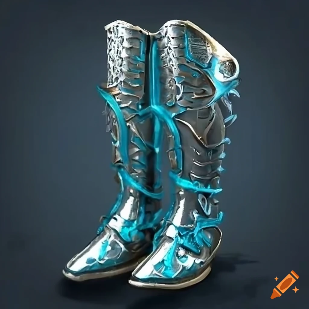 Enchanted mithril boots for an RPG knight's armor ensemble on Craiyon