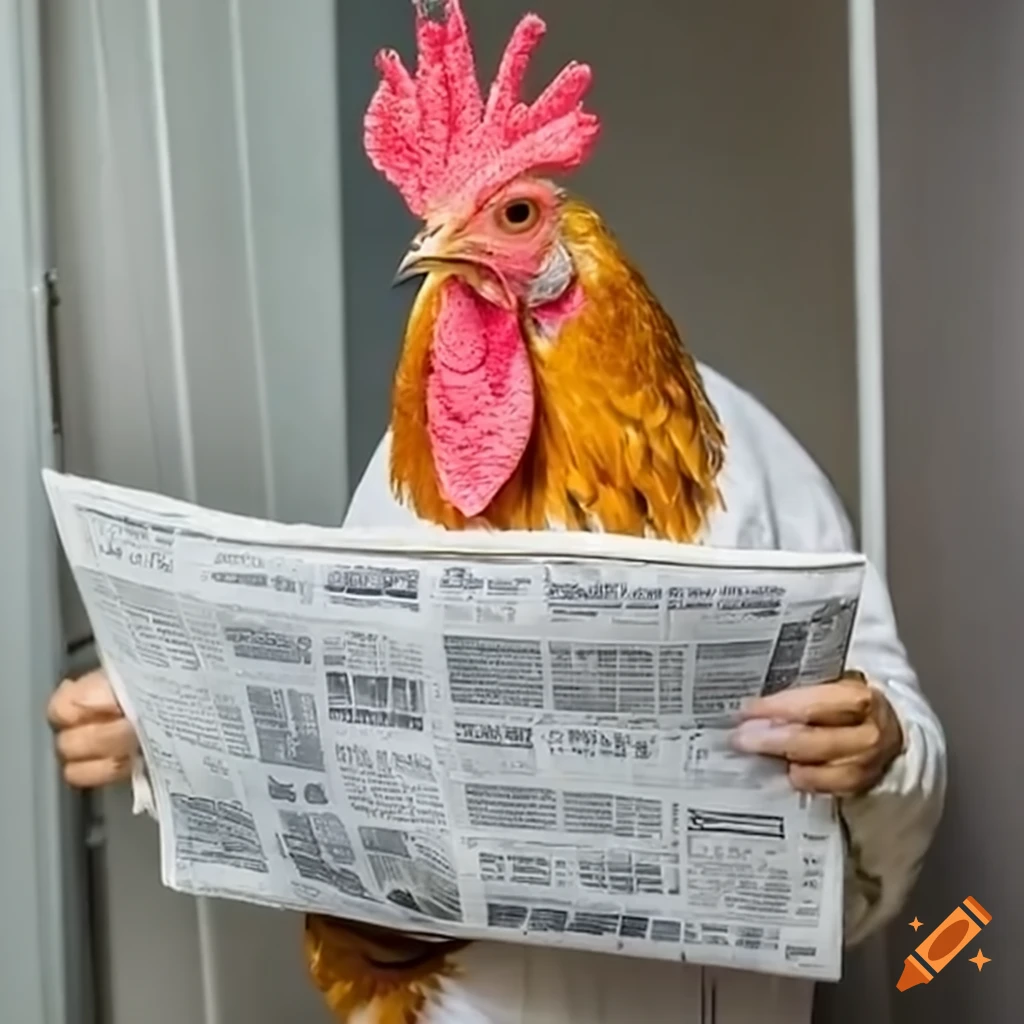 Chicken reading newspaper wearing glasses in the bathroom on Craiyon