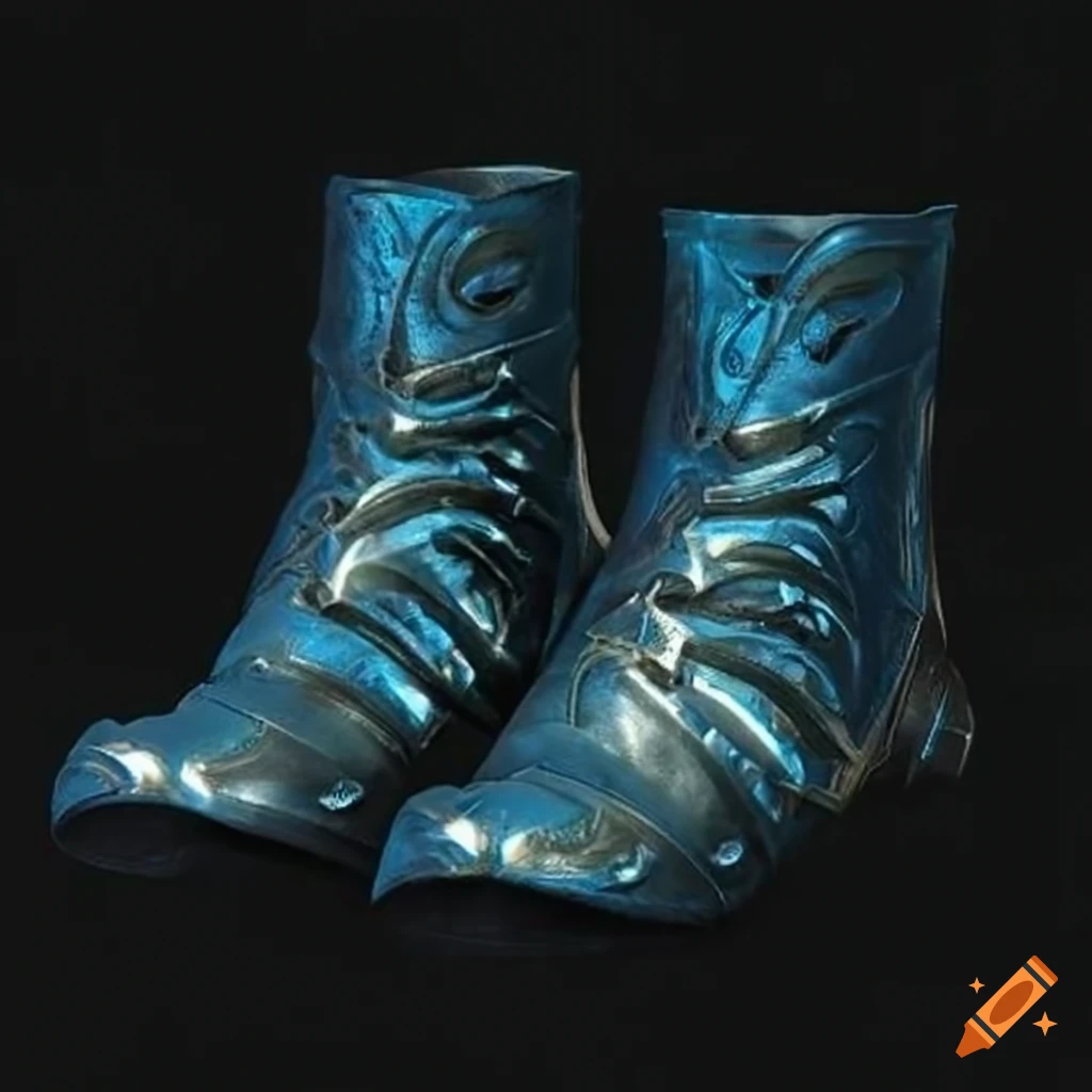 Enchanted mithril boots for an RPG game knight's armor ensemble on Craiyon
