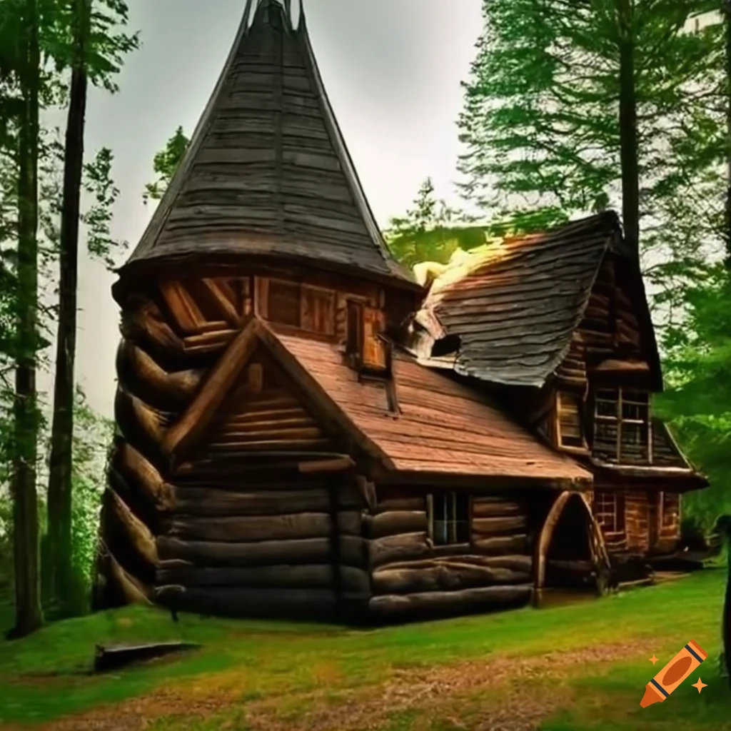 Log cabin with castle-like turrets in the woods surrounded by speakers ...