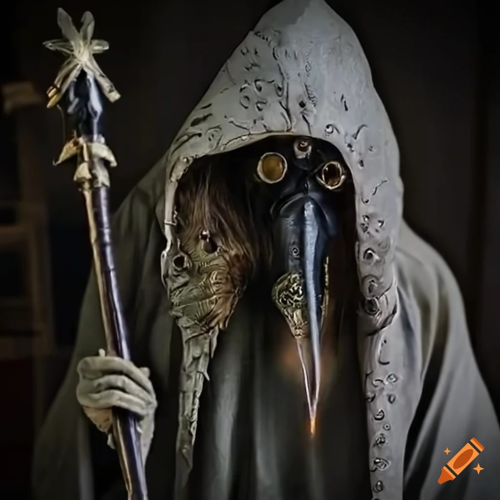 Realistic wizard with intricate staff and plague doctor mask on Craiyon