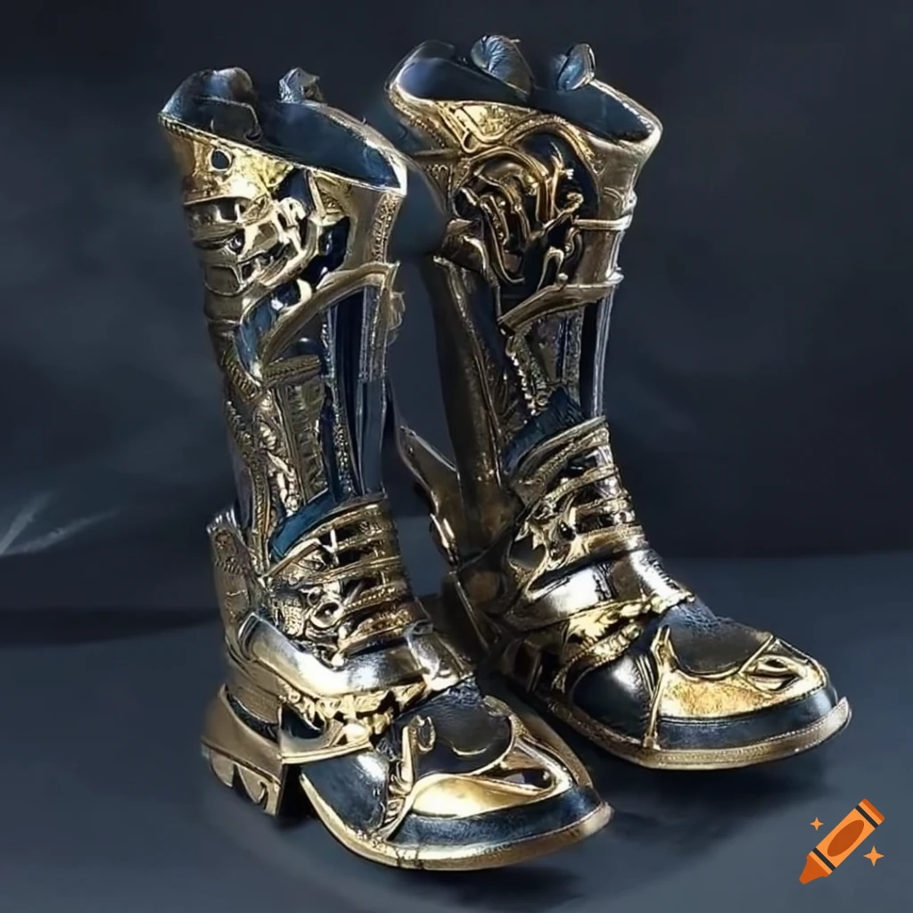 Detailed design of mithril-plated knight boots with mystical aura on ...