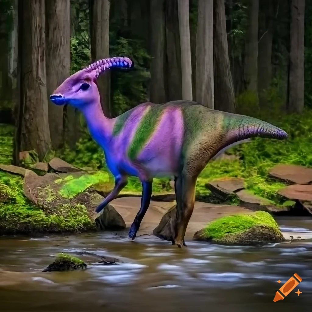 Parasaurolophus with bushbuck antelope color pattern in a gloomy forest ...