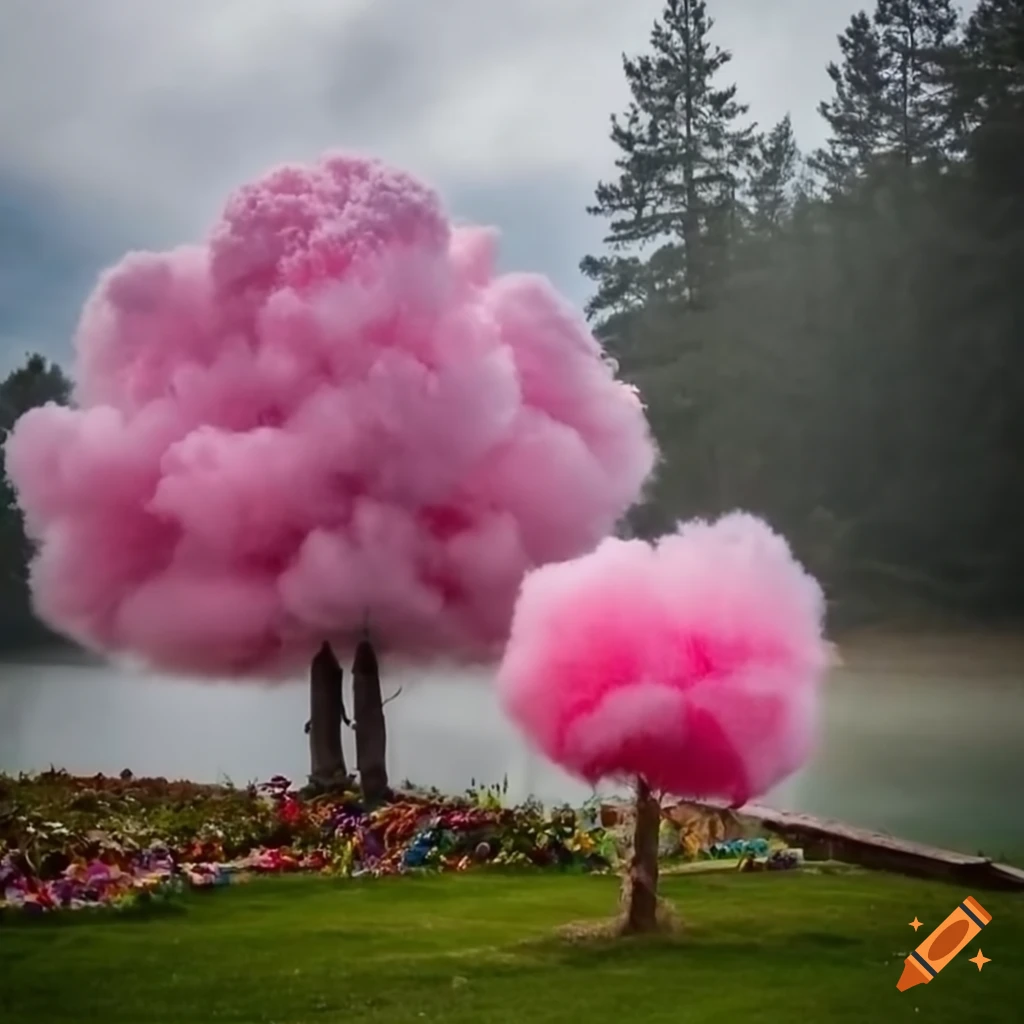 Candy forest with chocolate lake and cotton candy trees in a dark ...