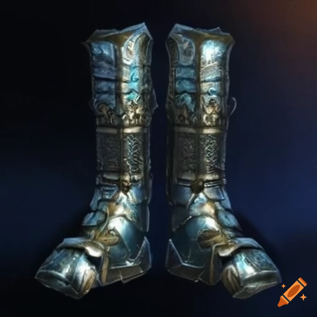 Medieval pair of adorned mithril plated knight boots with magical aura ...