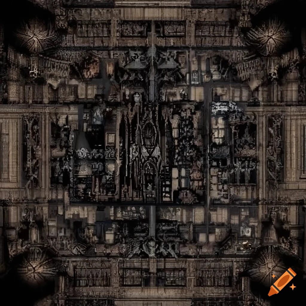 Top-down map of futuristic Gothic-style city district with big ...