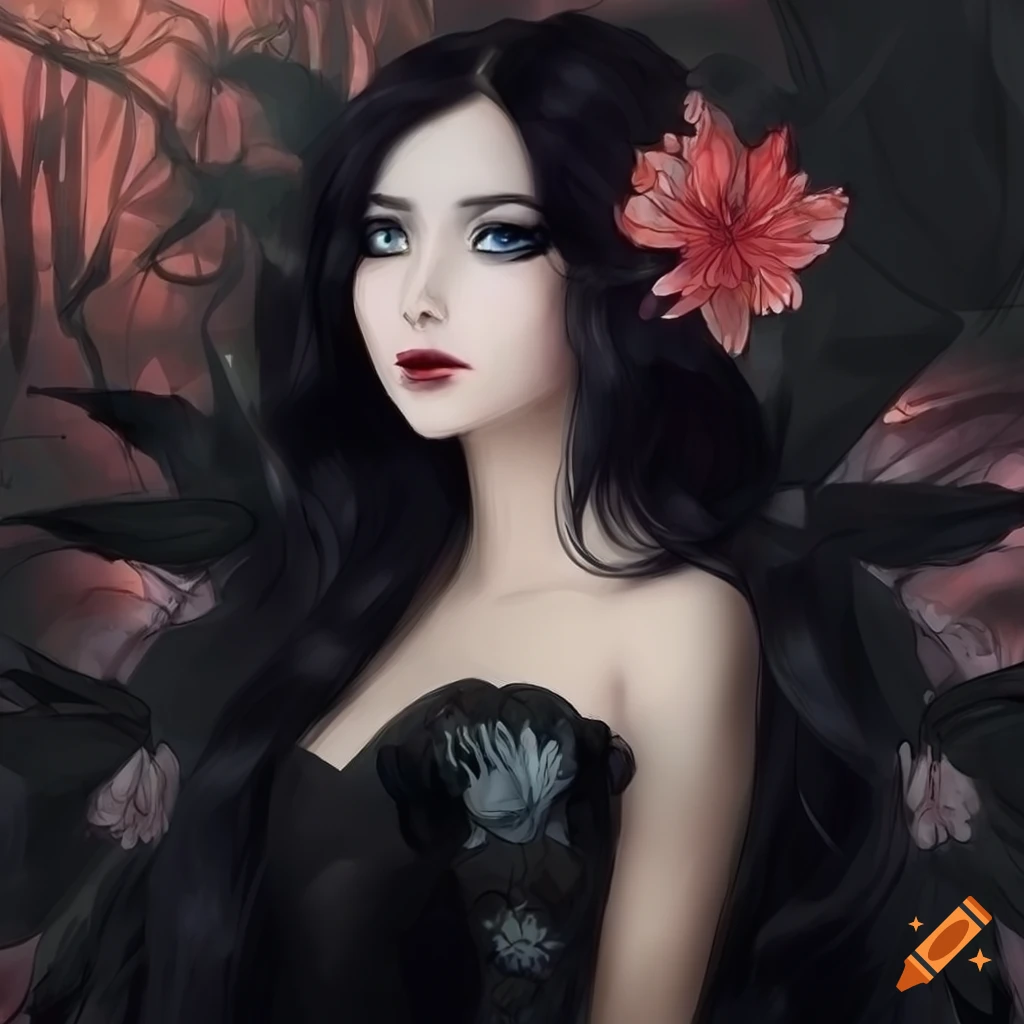 Regal goddess Persephone adorned with flowers in an elegant black dress ...