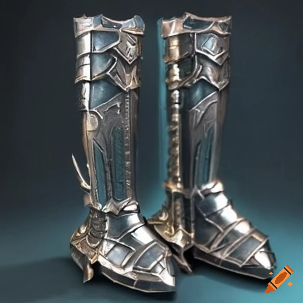 Medieval pair of adorned mithril plated knight boots for leg armor slot ...