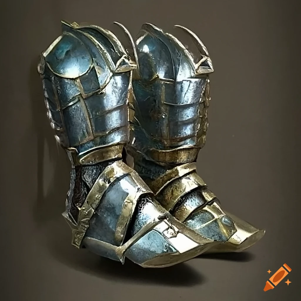 Mithril-plated medieval knight boots with a mystical aura for RPG ...