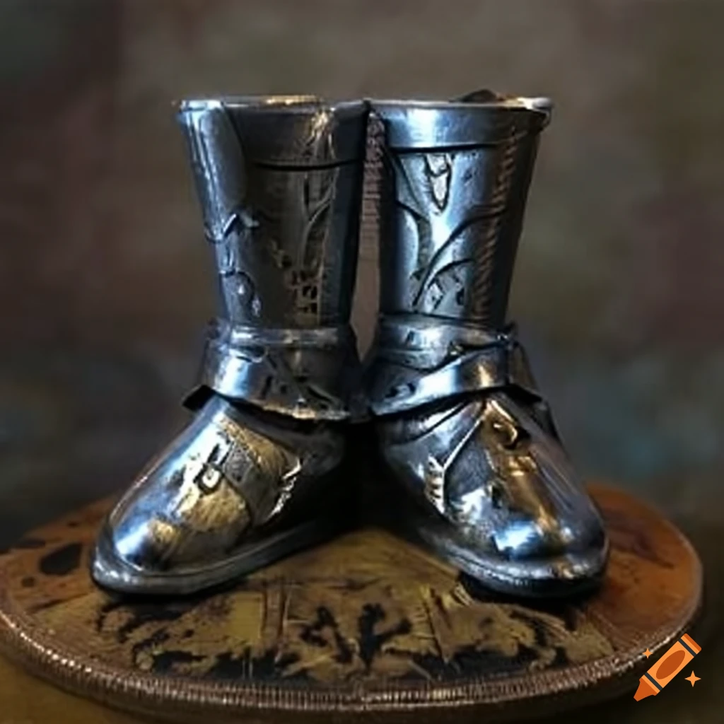 Pair of mithril-plated medieval knight boots with a mystical aura on ...