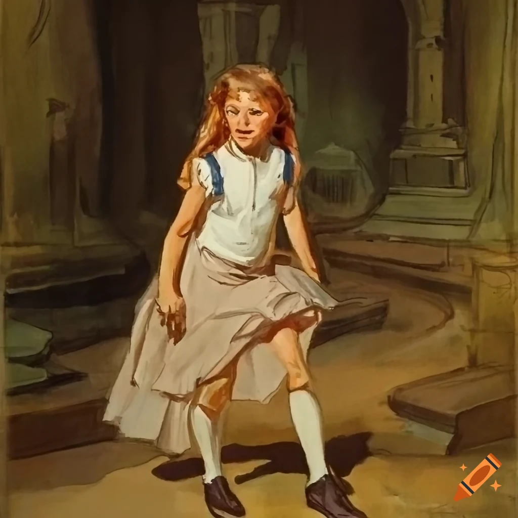 Tween schoolgirl walking in front of Hogwarts in a park on Craiyon