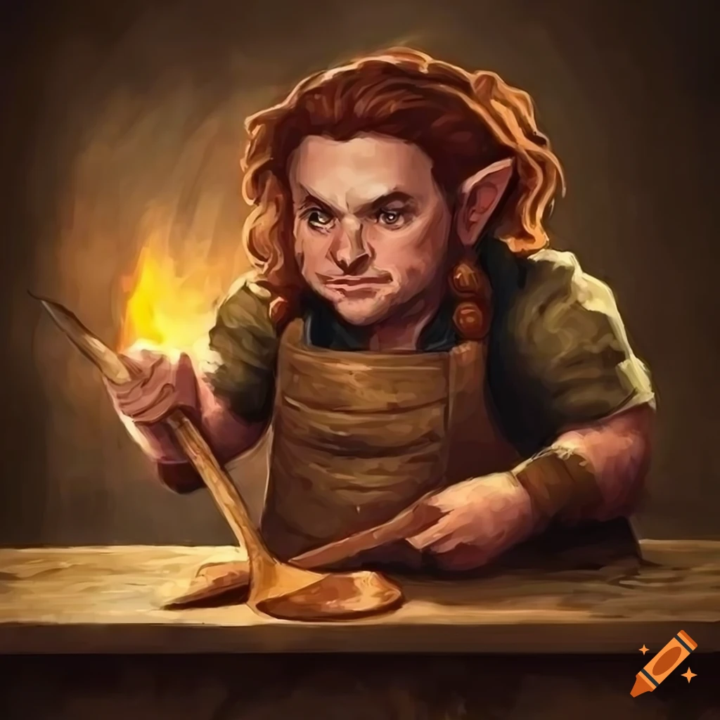 Young male halfling dwarf baker in a medieval kitchen with a wooden ...