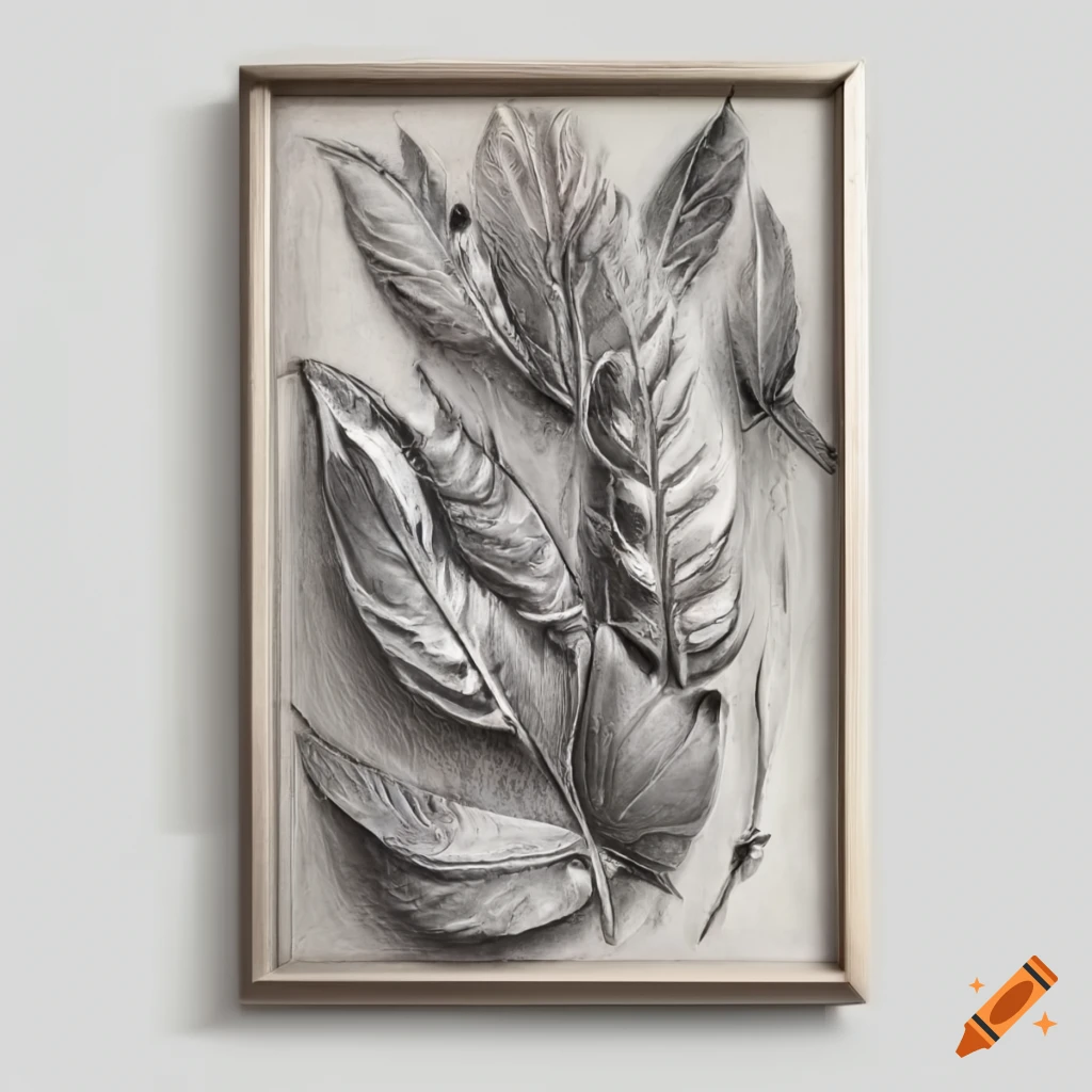 Bas-relief panel featuring leaves, flowers, feathers, and branches on ...