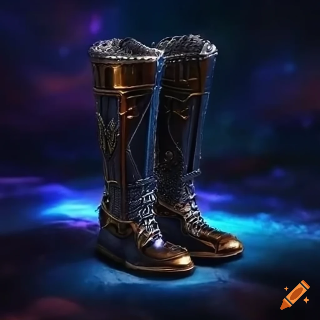 Detailed design of mithril-plated knight boots with a mystical aura on ...