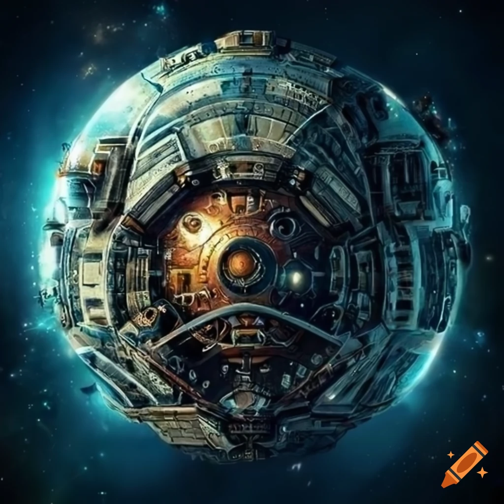 Intricately designed steampunk spaceships flying in space on Craiyon