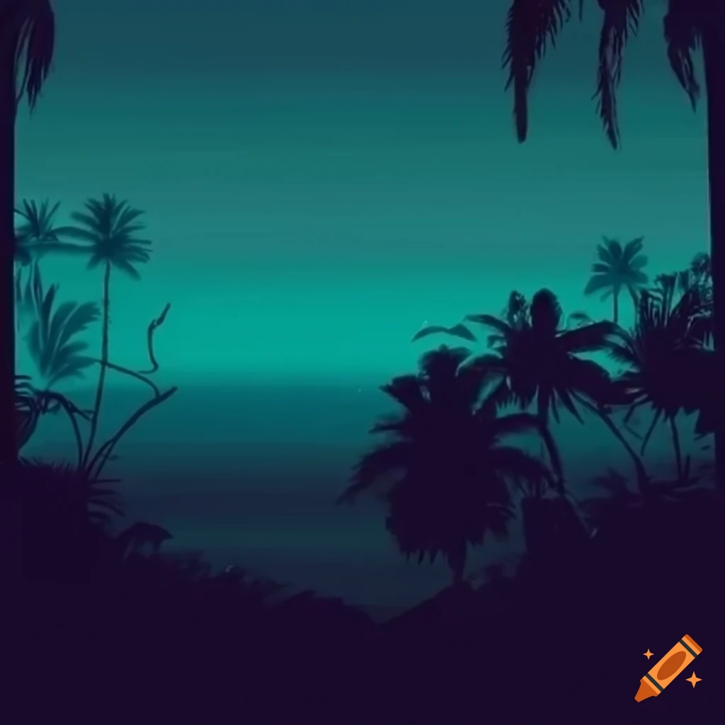 Tropical vaporwave scene of misty morning with palm trees and water on ...