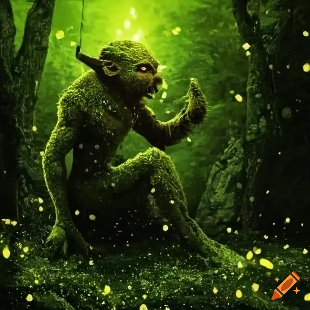 Mythical male moss imp in a mystical forest with fireflies and stone ...