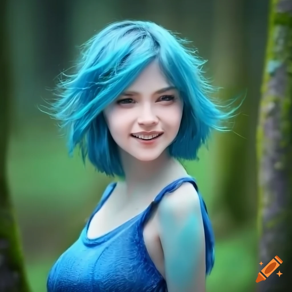 Android girl with blue hair in a mossy forest dancing and smiling on ...