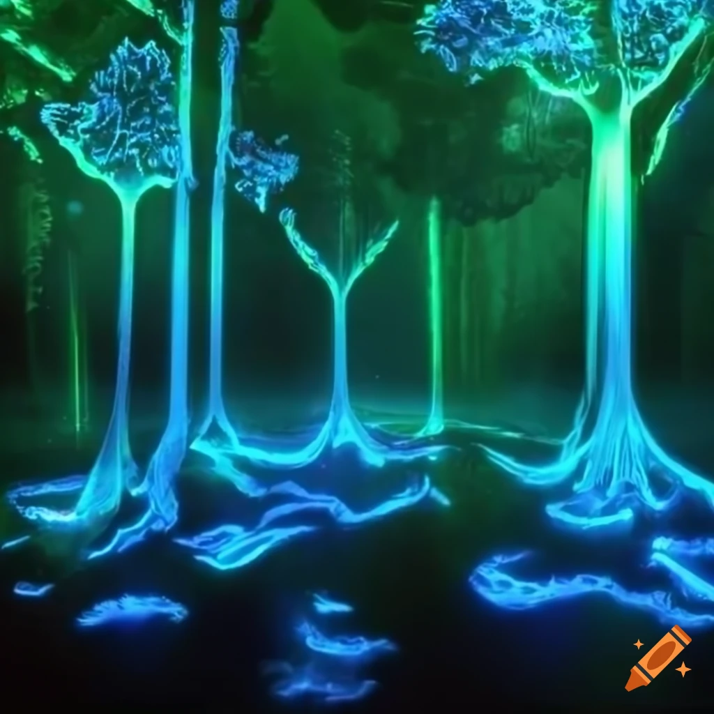 Biopunk forest with towering bioluminescent trees merging nature and technology on Craiyon
